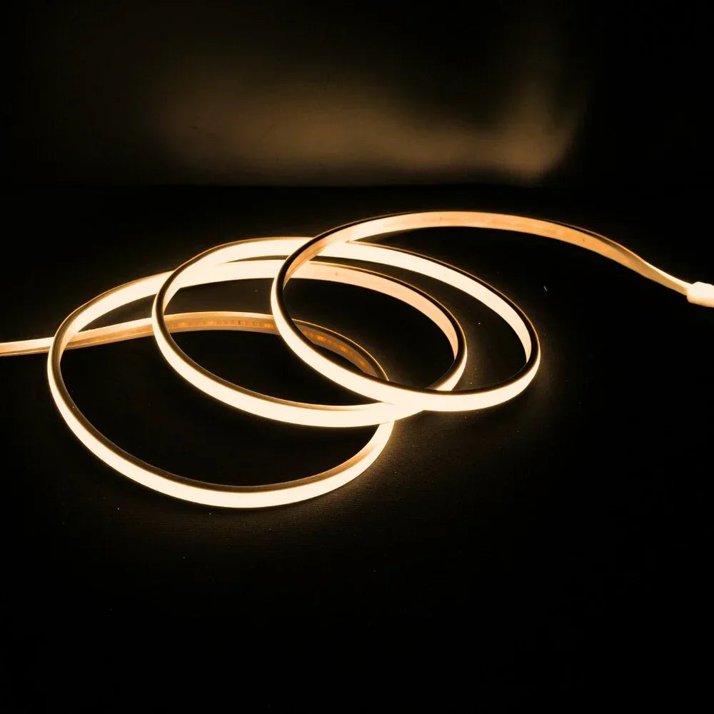 Warm White 3000K COB LED Strip 220V 240V 288 LEDs/m IP65 UK Plug – ATOM LED